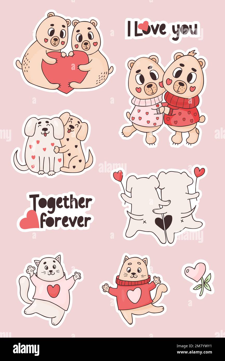 Collection stickers love animals. Cute couple bears, dogs and cats with ...