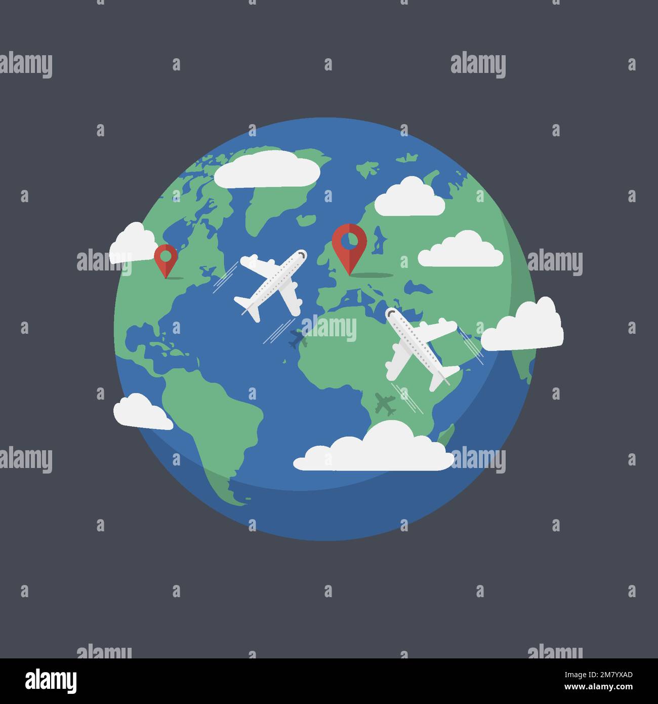 Planes flying around planet Earth isolated on white background. Vector ...
