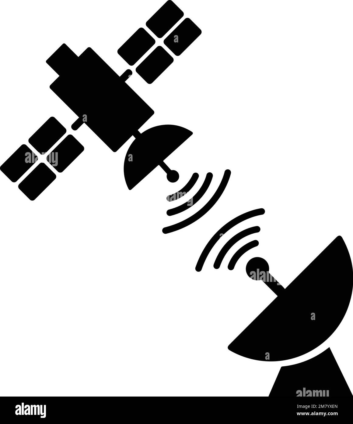 Satellite sends data to a satellite dish, satellite icon over white ...