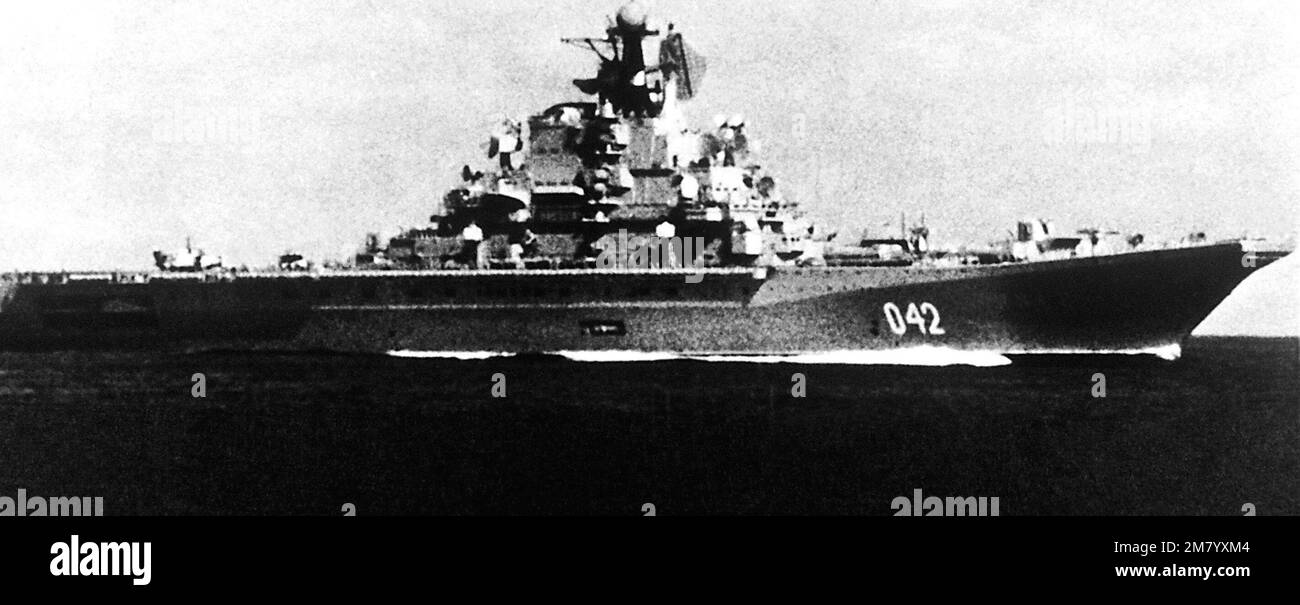 Starboard beam view of the Soviet Kiev-class guided missile VSTOL ...