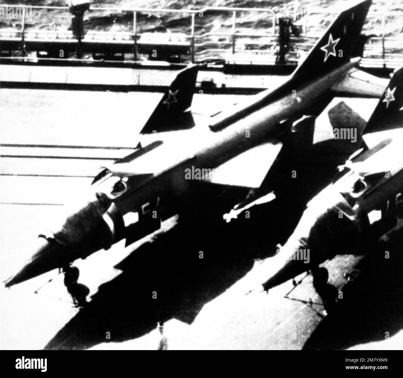 A view of two Soviet Forger VTOL attack aircraft aboard the Soviet ...