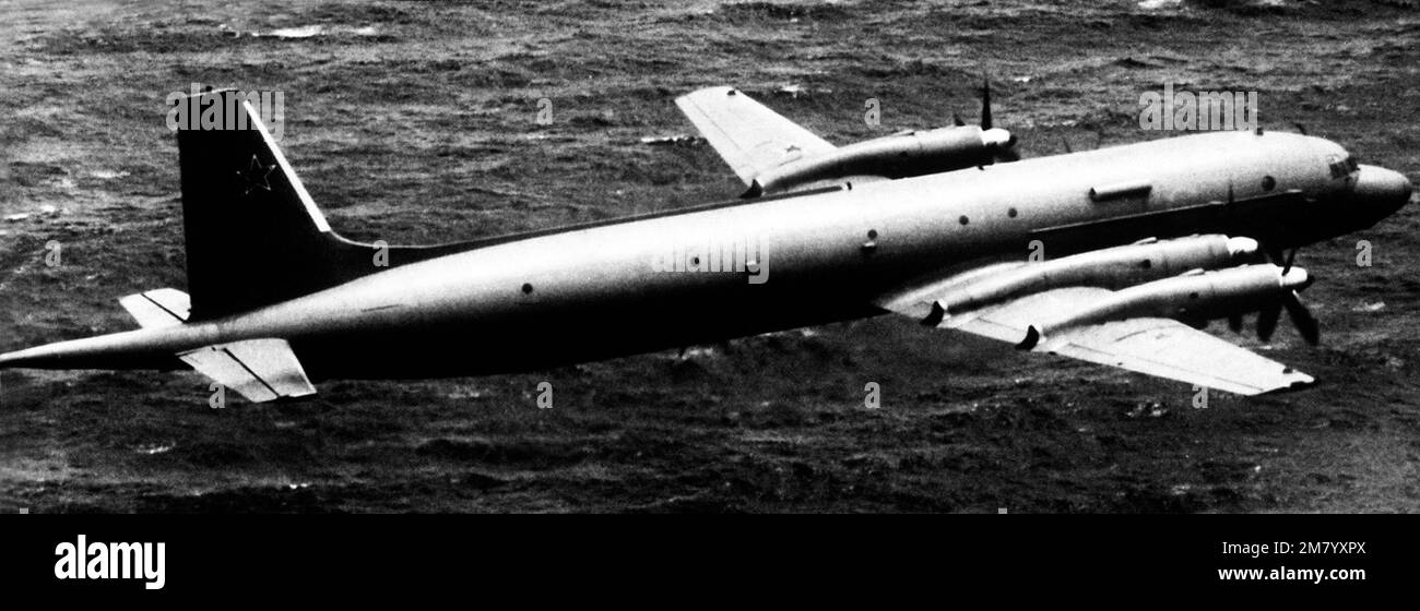 Right side view of a Soviet II-38 May reconnaissance aircraft. Right side view of a Soviet II-38 May reconnaissance aircraft.
