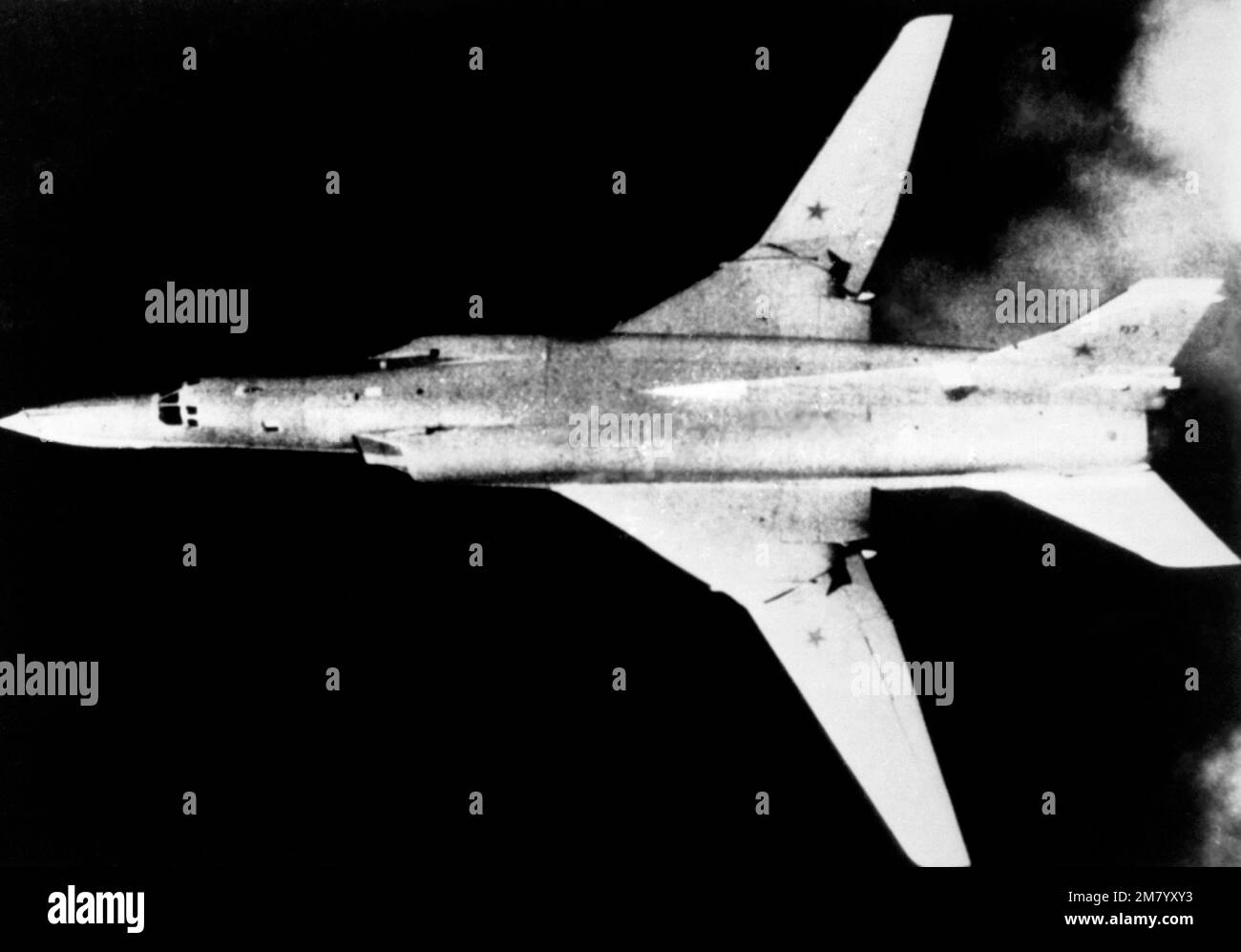 Top view of a Soviet Backfire bomber aircraft in flight. "Soviet ...