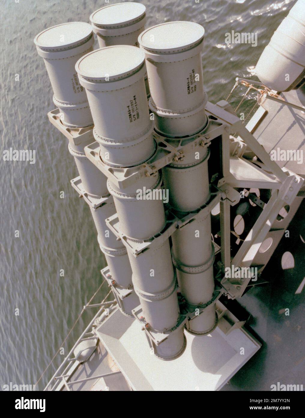 A view of an RGM-84 Harpoon surface-to-surface missile canister ...