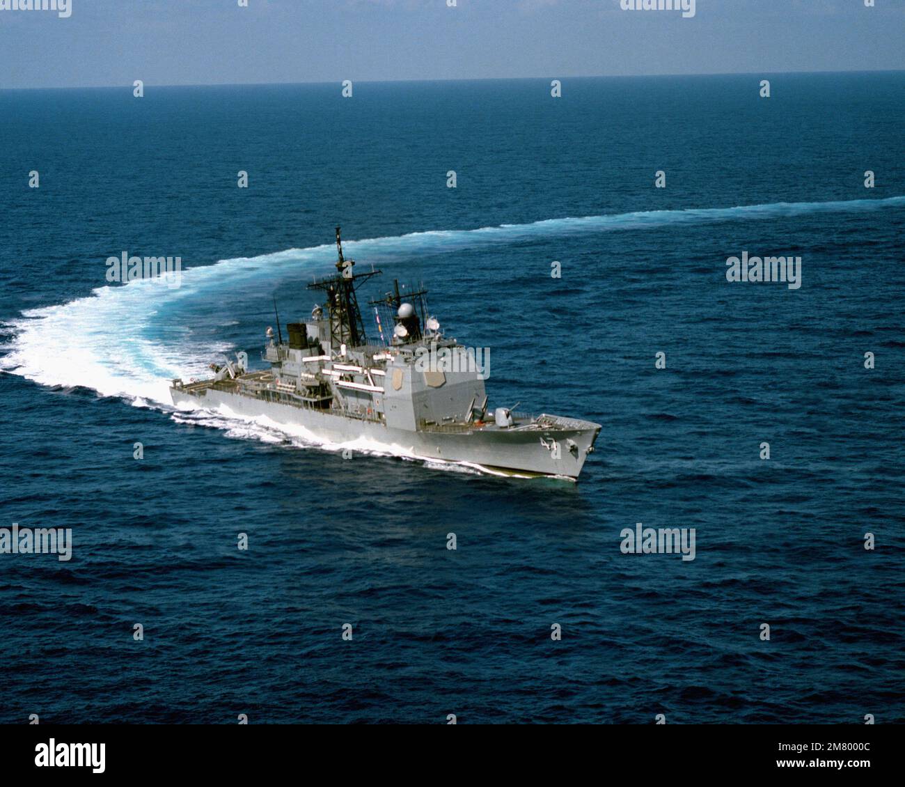 An aerial starboard bow view of the Aegis guided missile cruiser USS ...