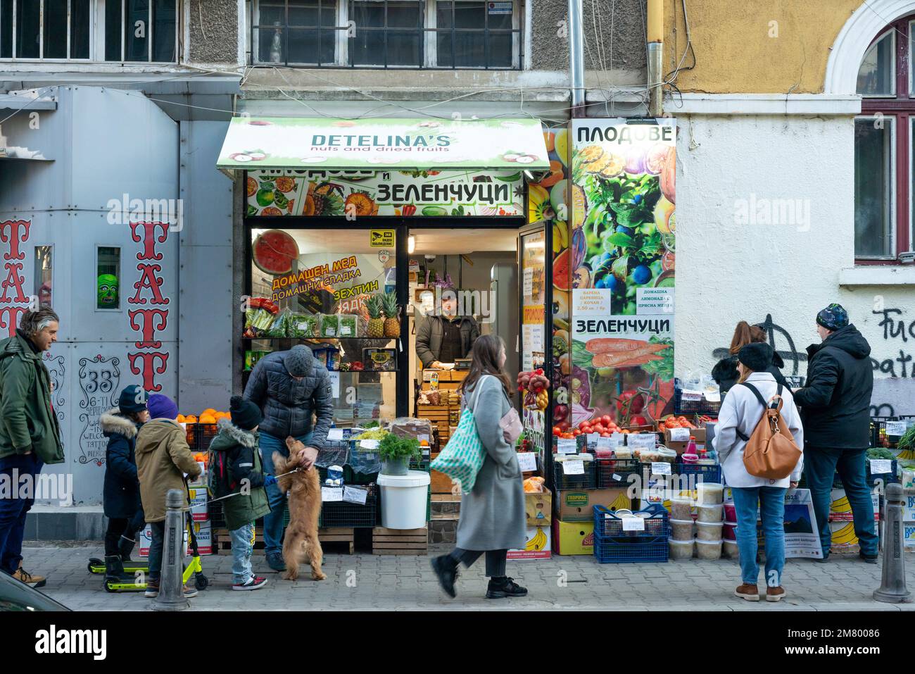 Local convenience shop and street vegetable stall in Sofia, Bulgaria ...