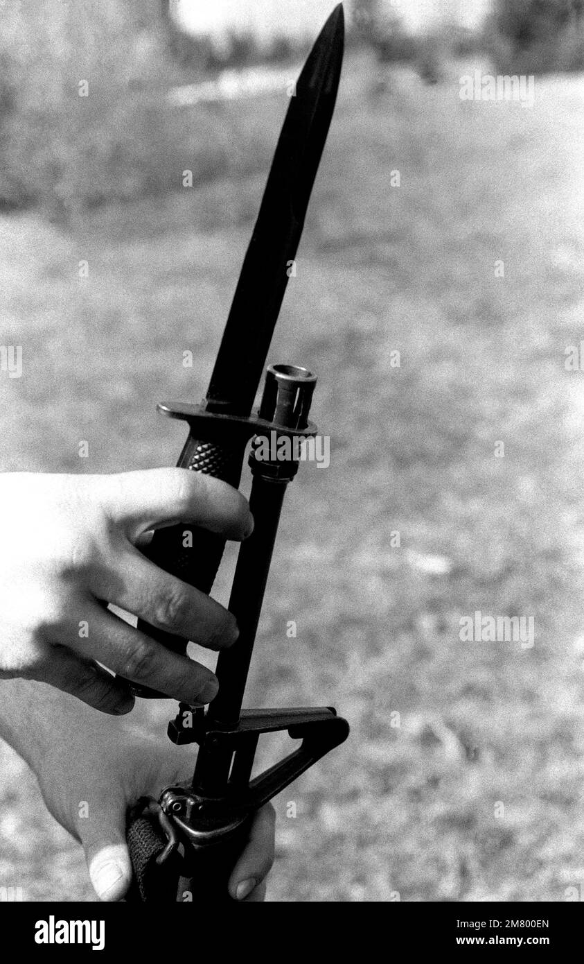 A close-up view of a bayonet being attached to an M16 rifle during ...