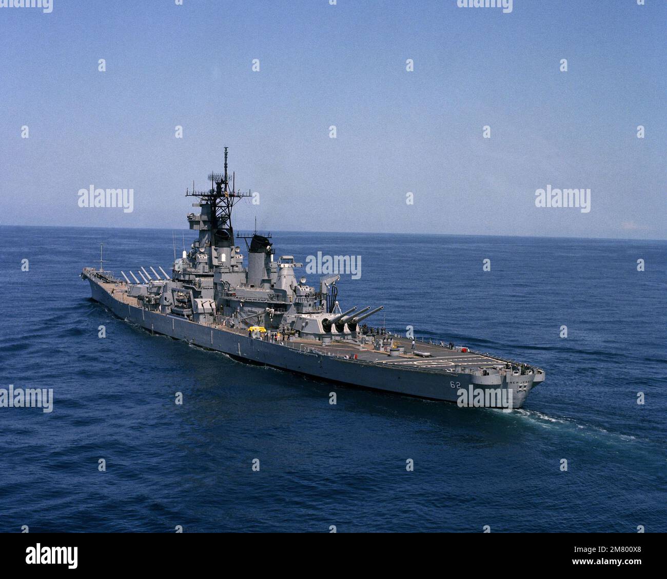 Areial port quarter view of the battleship USS NEW JERSEY (BB 62 ...