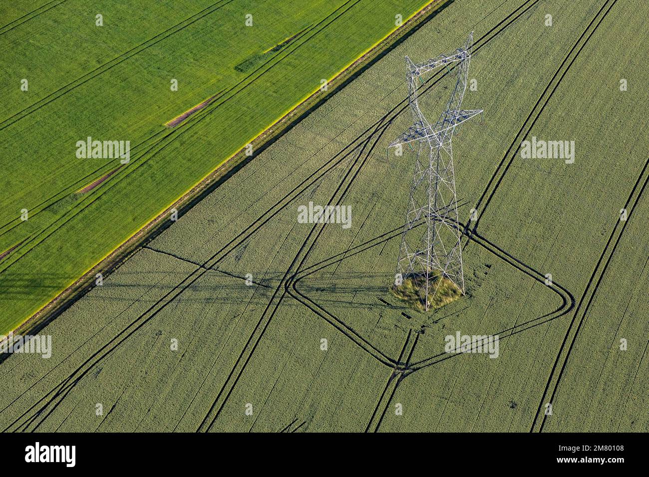 PYLON FOR HIGH-VOLTAGE POWER LINES EURE, NORMANDY, FRANCE Stock Photo ...