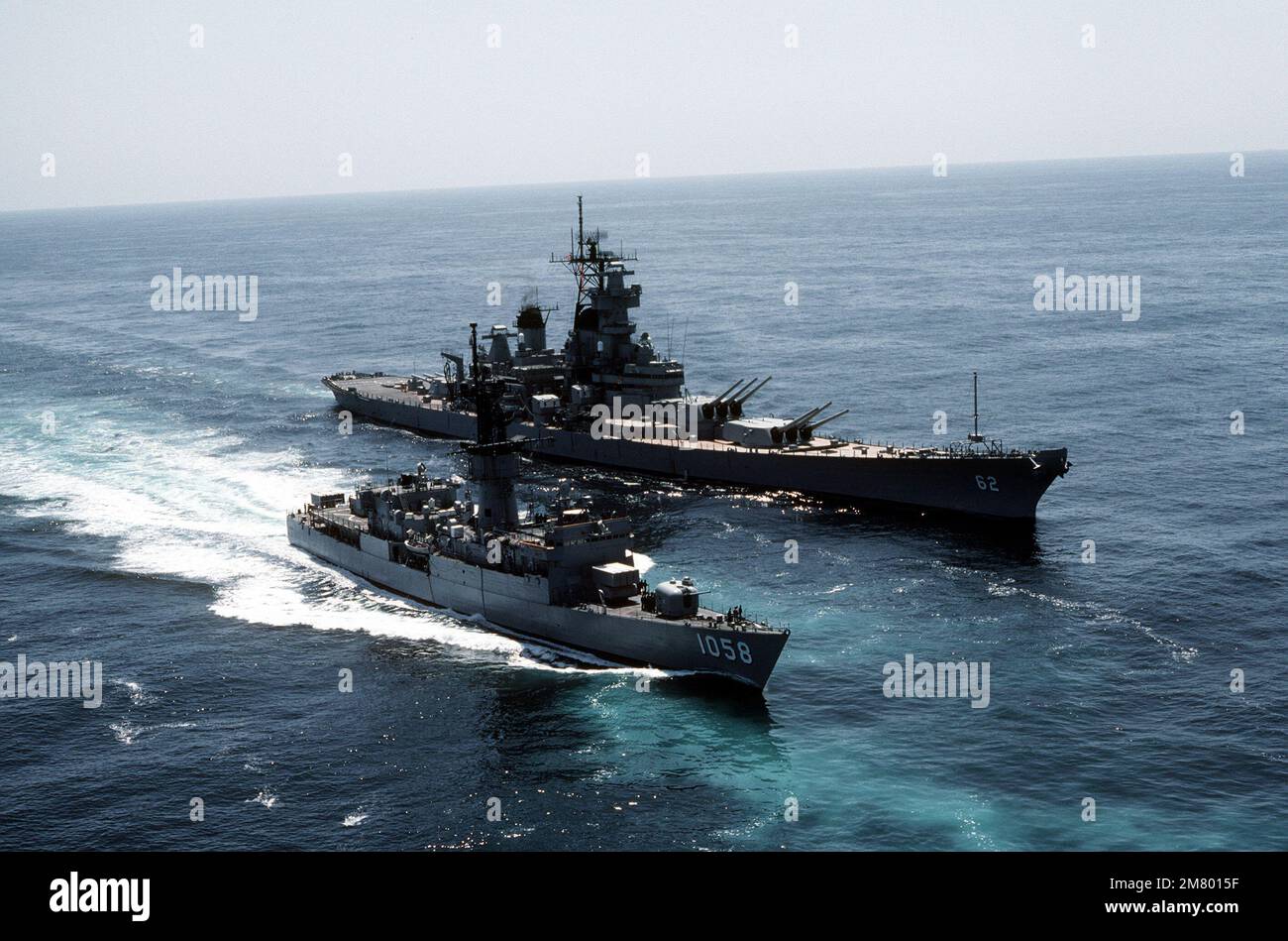 Aerial starboard bow view of the battleship USS NEW JERSEY (BB-62 ...