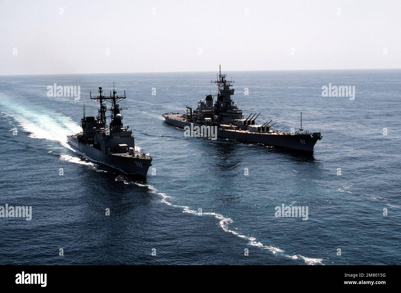 An aerial starboard bow view of the battleship USS NEW JERSEY (BB-62 ...
