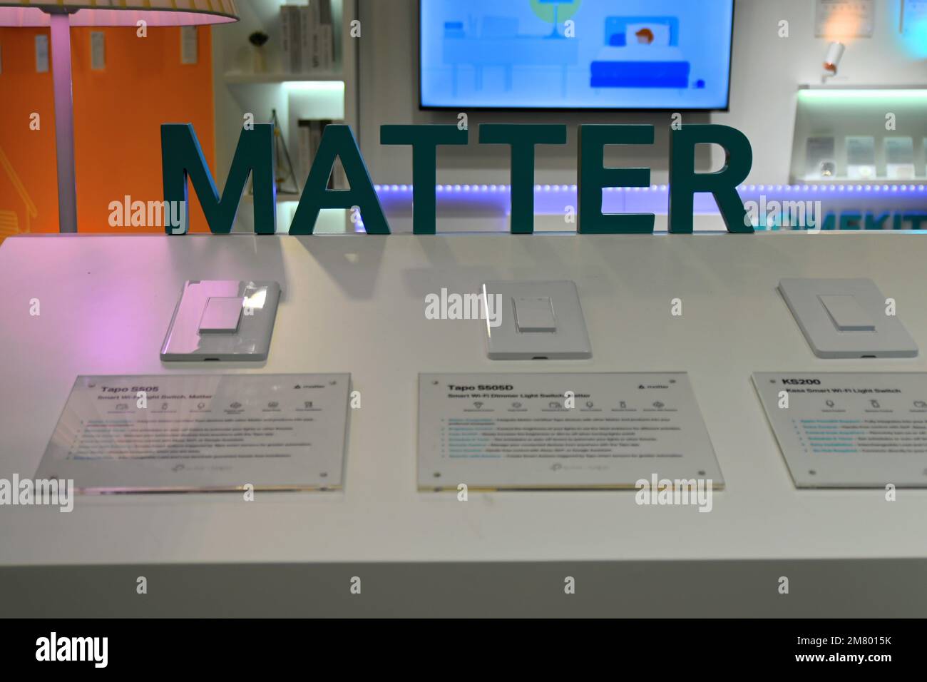 The word Matter displayed in big block letters at the booth for TP-Link at CES on January 6 ...