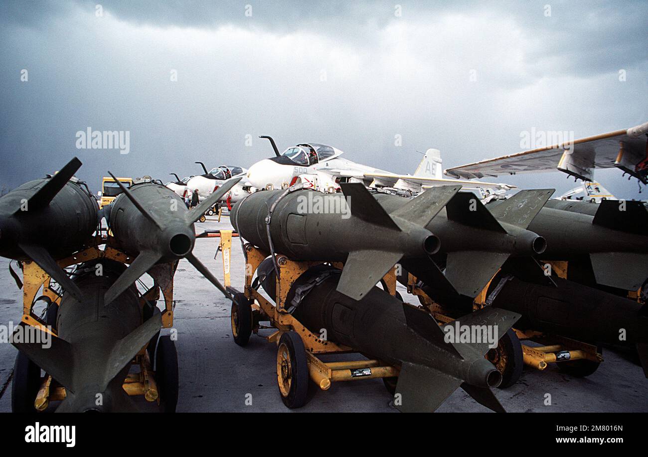 A view of bombs on the flight line prior to loading operations with A ...