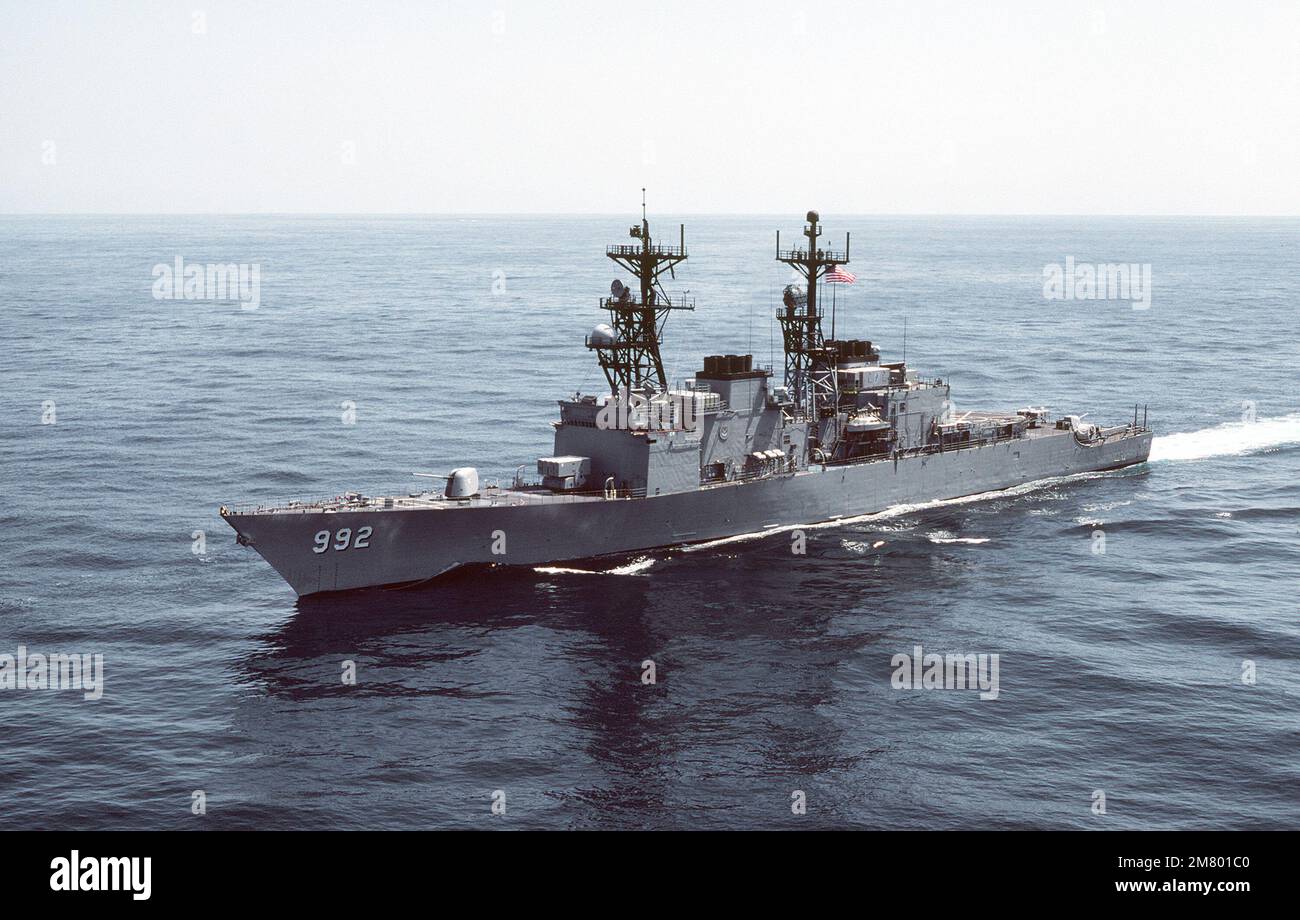Aerial port bow view of the destroyer USS FLETCHER (DD-992) underway ...
