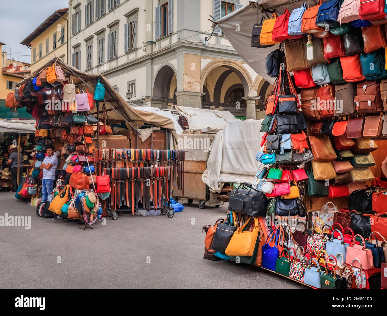 Florence, Italy - June 03, 2022: Colorful leather goods, bags ...