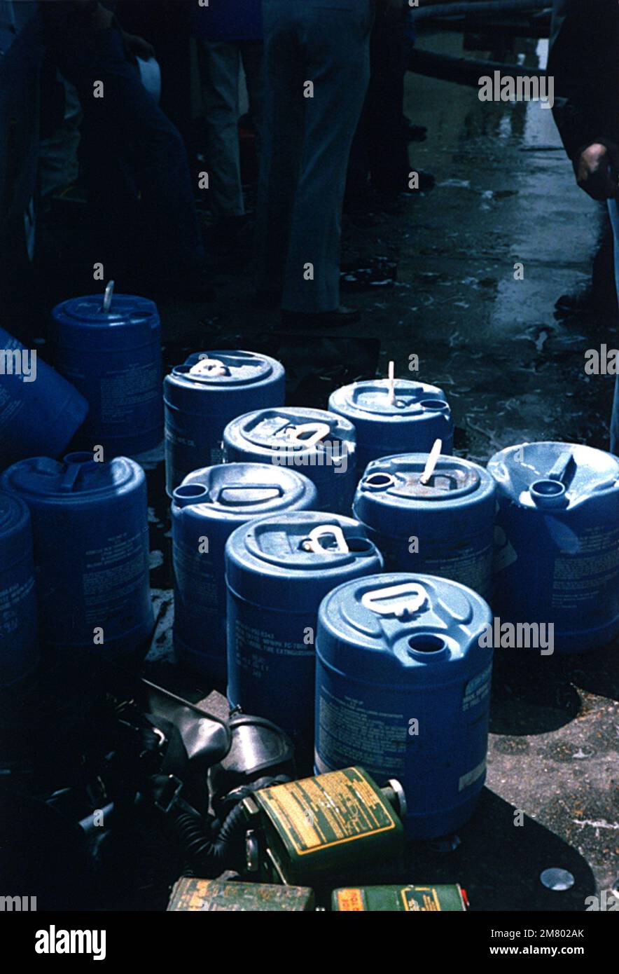 A view of several containers of chemical used in extinguishing a fire ...