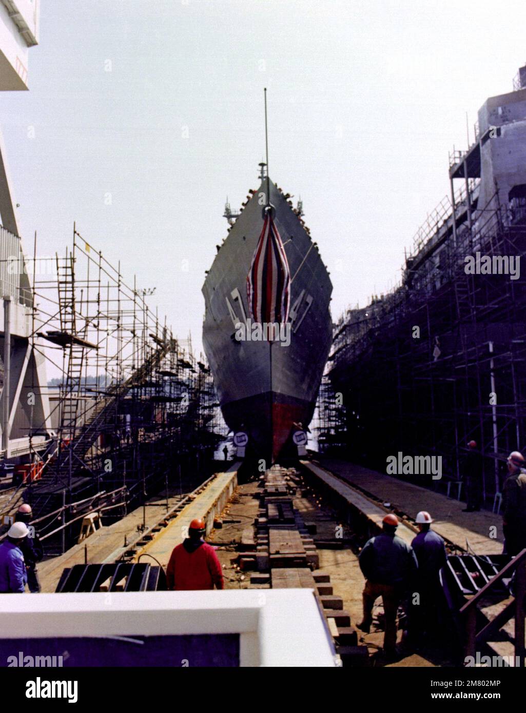 A bow view of the guided missile frigate NICHOLAS (FFG-47) sliding down ...