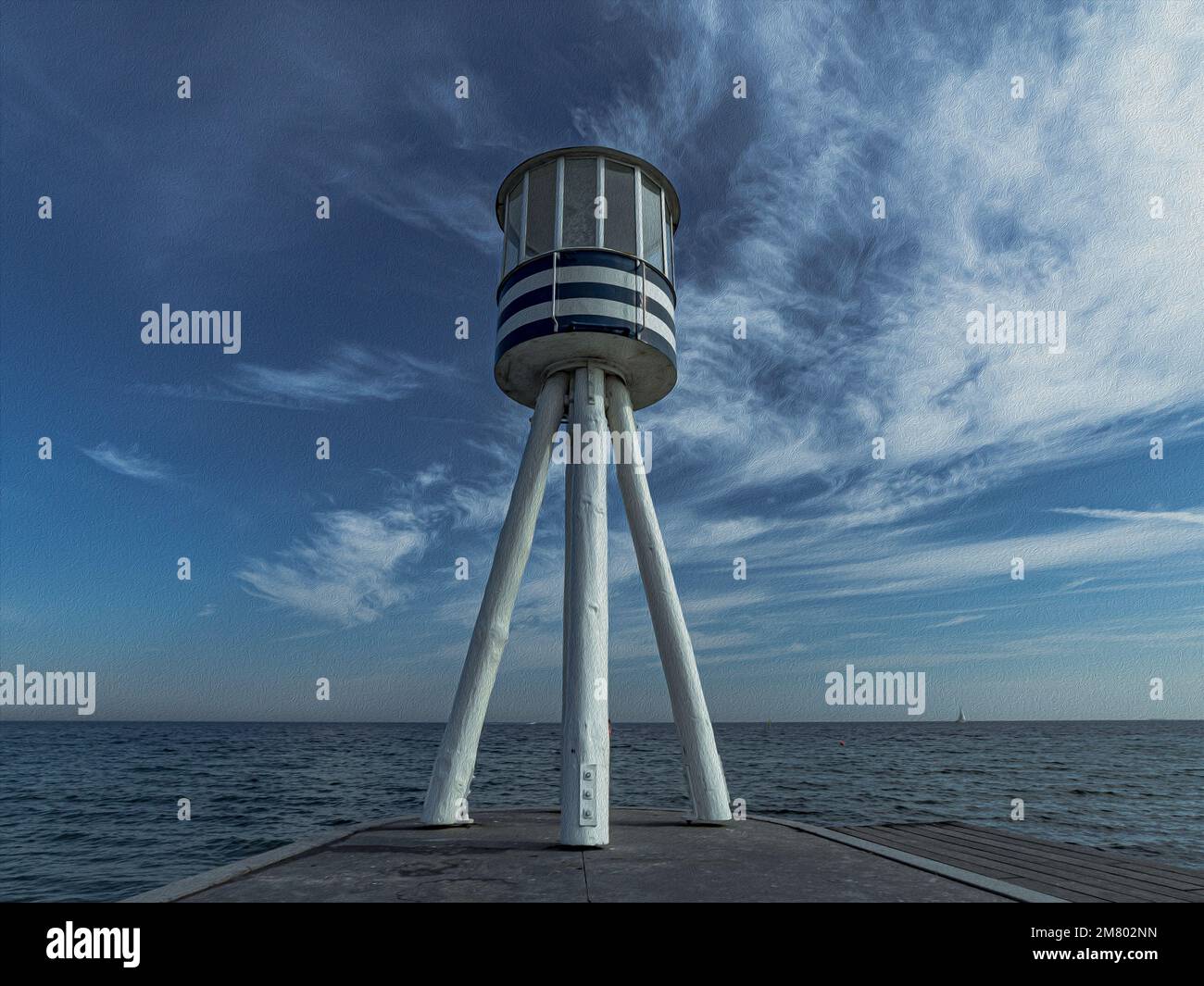 Concept of the poster with lifeguard tower, seascape in the background ...