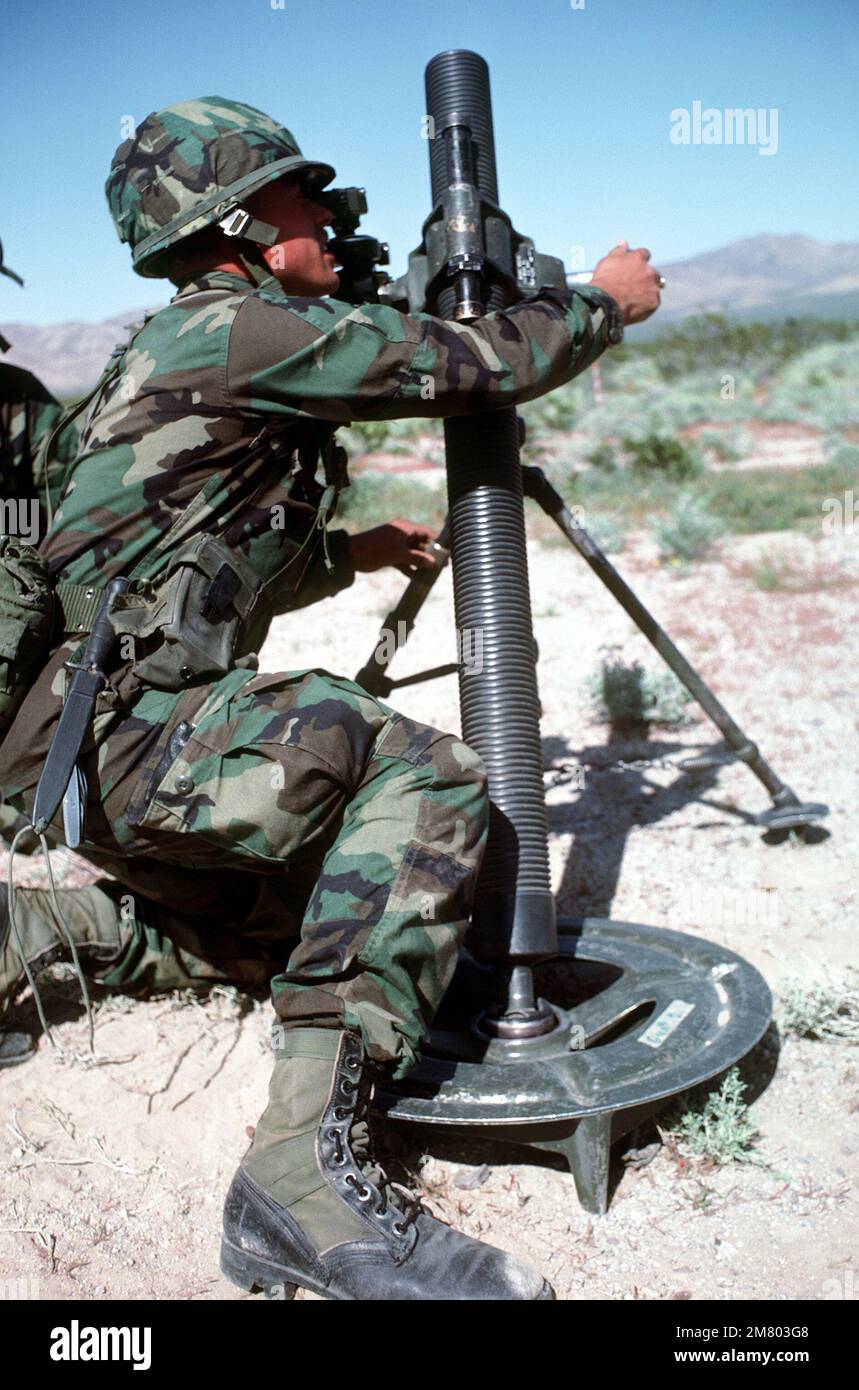 An airman sights in an M29 81 mm mortar during Exercise CROWN DEFENDER ...