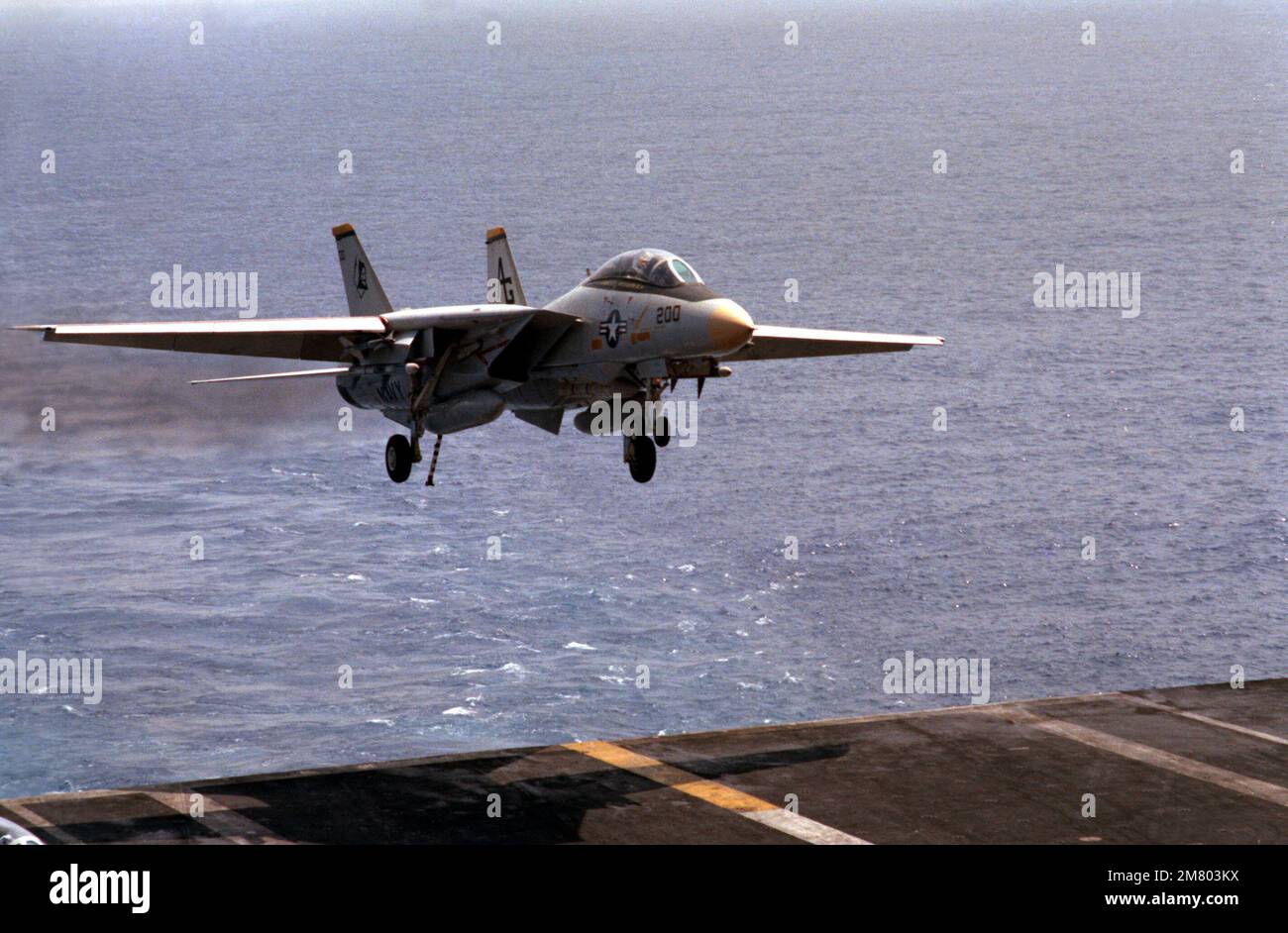A Fighter Squadron 142 (VF-142) F-14A Tomcat aircraft comes in for a ...
