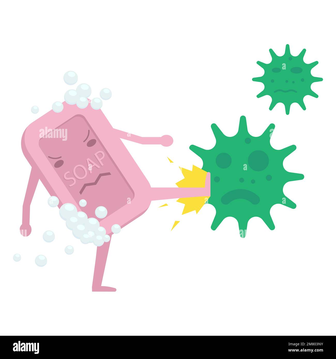 Cartoon soap character fighting with virus isolated on white background ...