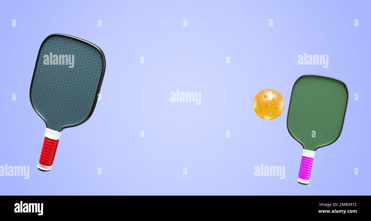 Pickleball two rackets and one plastic ball. Copy space 3D rendering ...