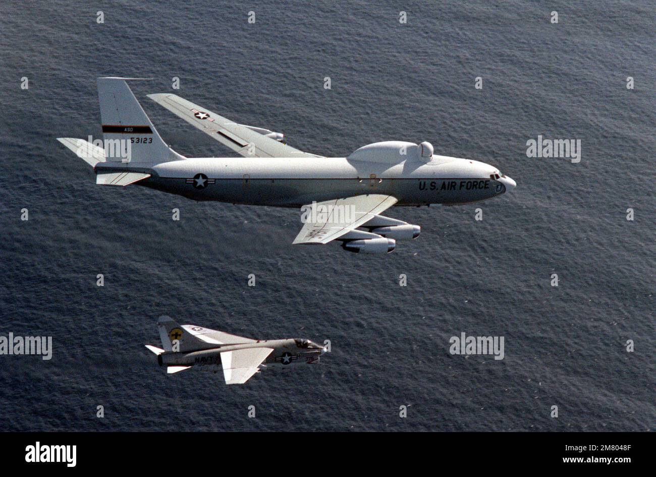 An air-to-air right side view of a US Air Force NKC-135A Stratotanker ...