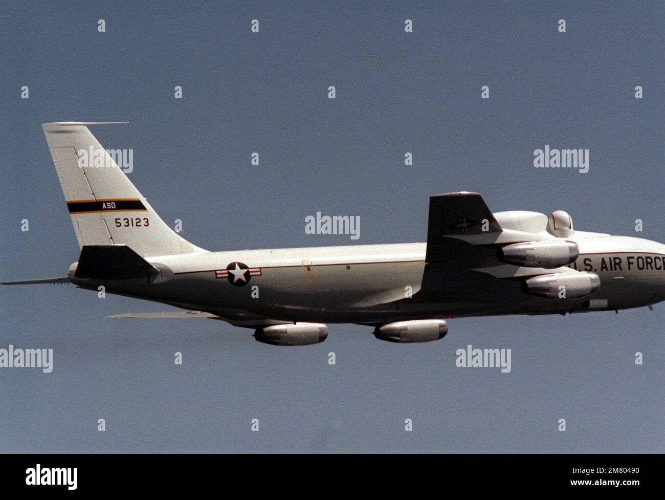 An air-to-air right side view of a US Air Force NKC-135A Stratotanker ...