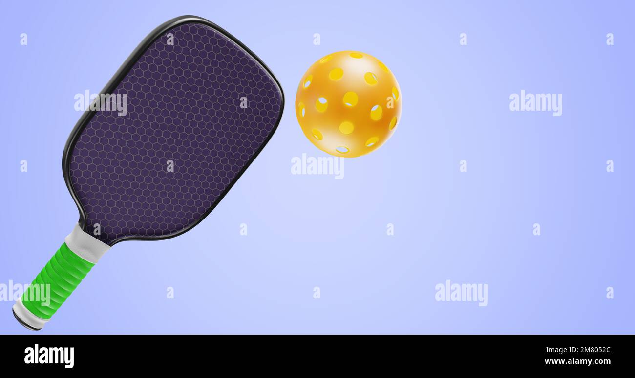 Pickleball racket and one plastic ball. Copy space 3D rendering Stock ...