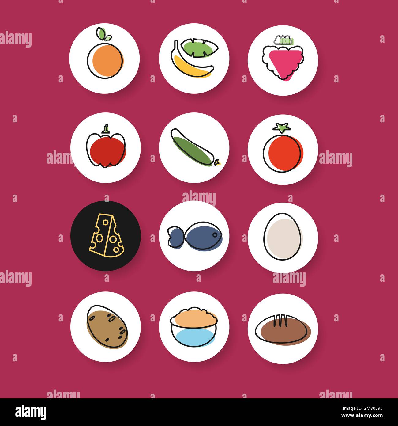 Set of colorful fruit and vegetable round button icons for app healthy ...