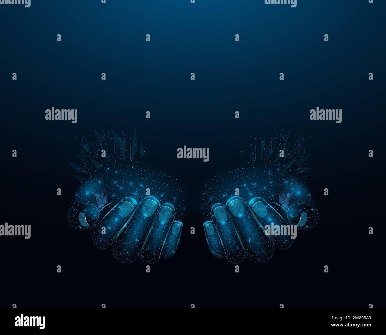 Two human hands. Wireframe glowing low poly hands. Design on dark blue ...