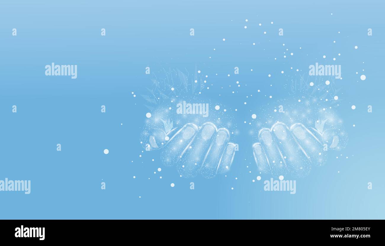 Two human hands. Wireframe glowing low poly hands. Design on dark blue ...