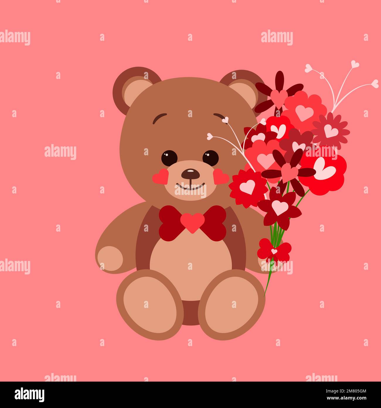 Teddy bear with flowers, greeting card for Valentines day. Vector ...