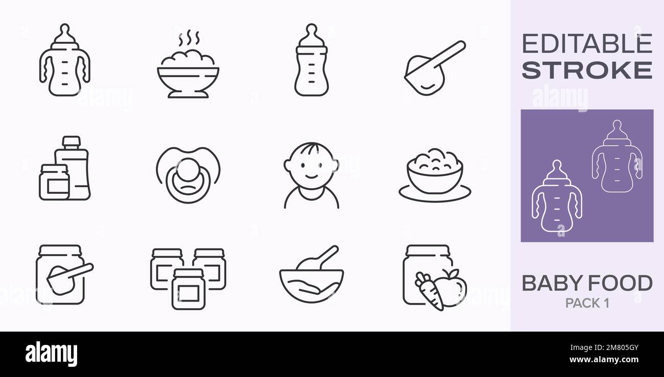 Baby food icons, such as bottle, spoon, jar, powder and more. Editable ...
