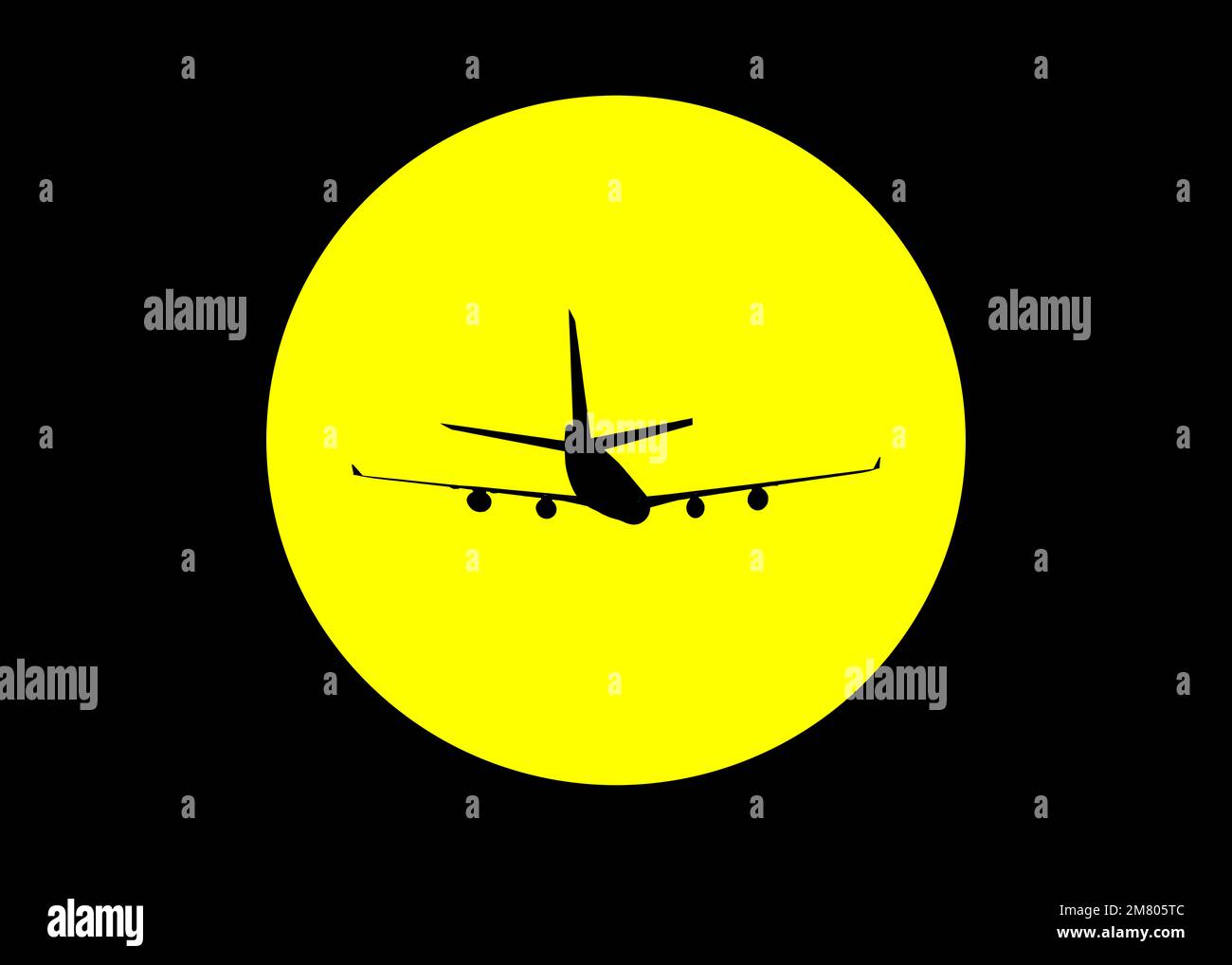 black silhouette of the plane against the yellow sun in the dark sky ...