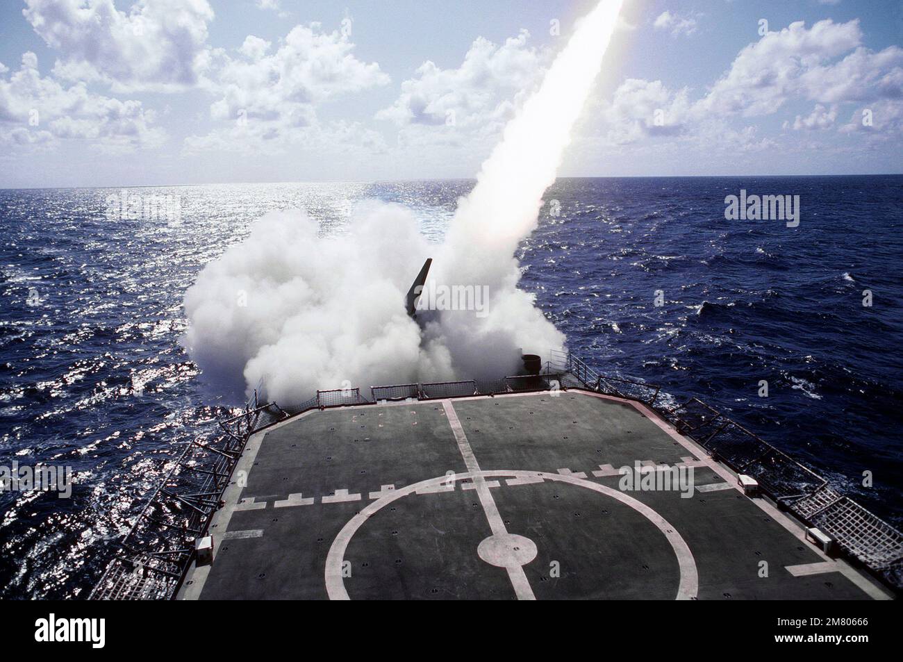 A view of the aft missile launcher aboard the guided missile cruiser ...