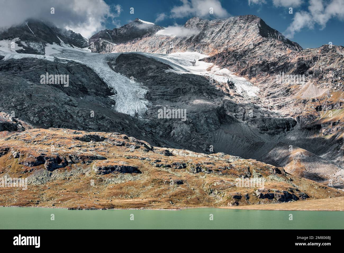 Mountain landscape with glaciers at Bernina Pass in the Swiss Alps ...