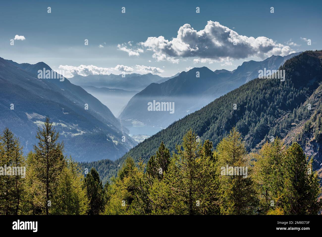 Bernina Region with Lago di Poschiavo visible in the valley in Grisons ...