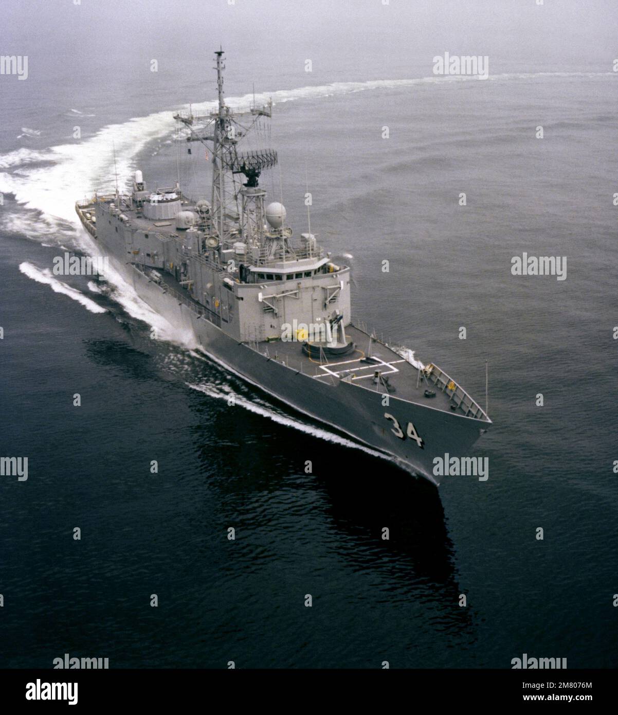 An aerial starboard bow view of the guided missile frigate USS AUBREY ...