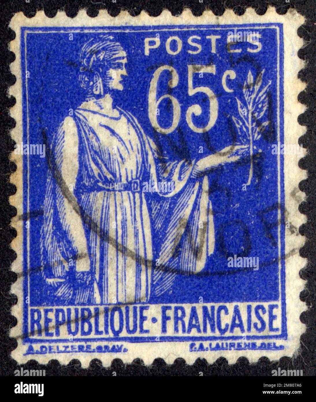 TIMBRE OBLITERE MARIANNE BLEUE.POSTES.REPUBLIQUE FRANCAISE.65 C Stock ...