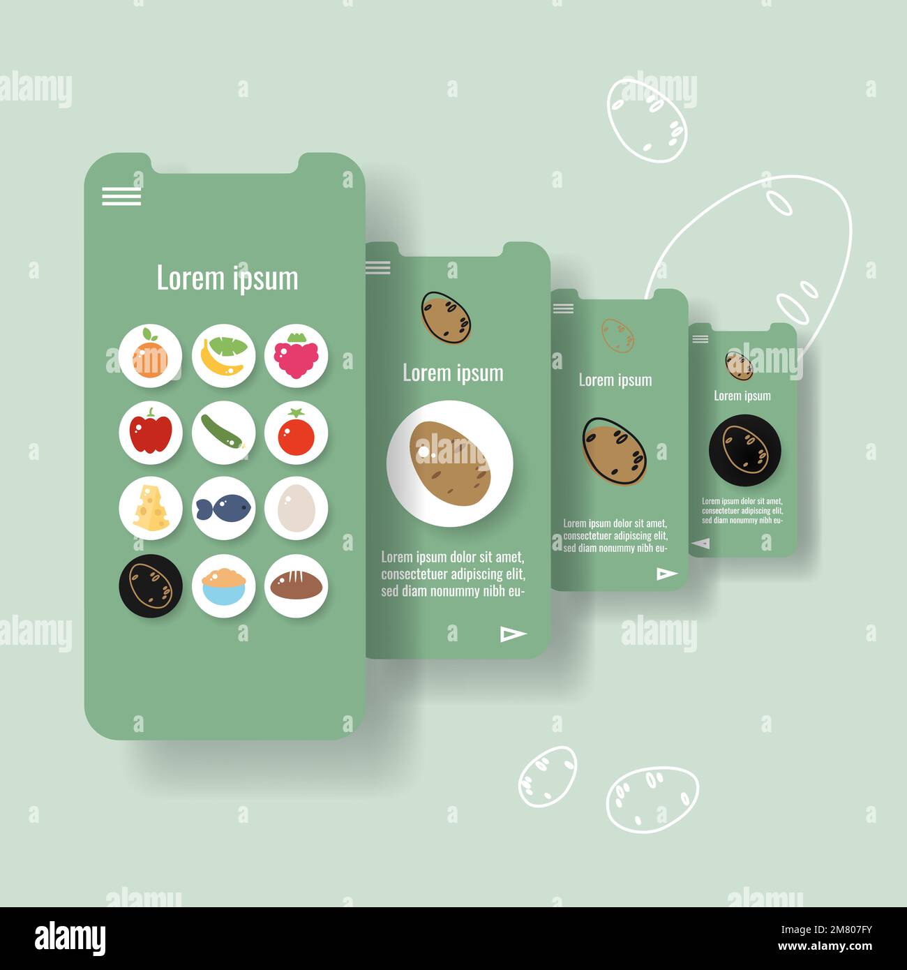 Template mobile app page with potato vegetable. Food outline icon ...