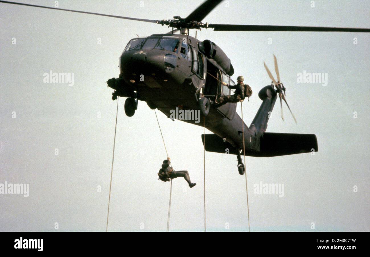 Infantrymen are trained in rappelling from a UH-60 Black Hawk ...