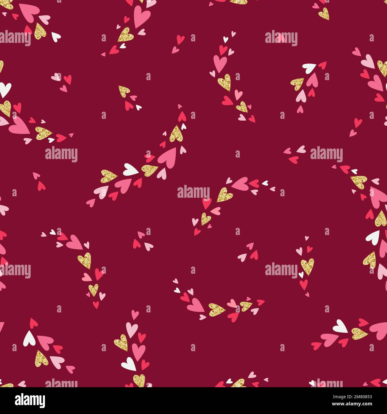 Repeated hearts seamless pattern, hand drawn with gold glitter effect ...