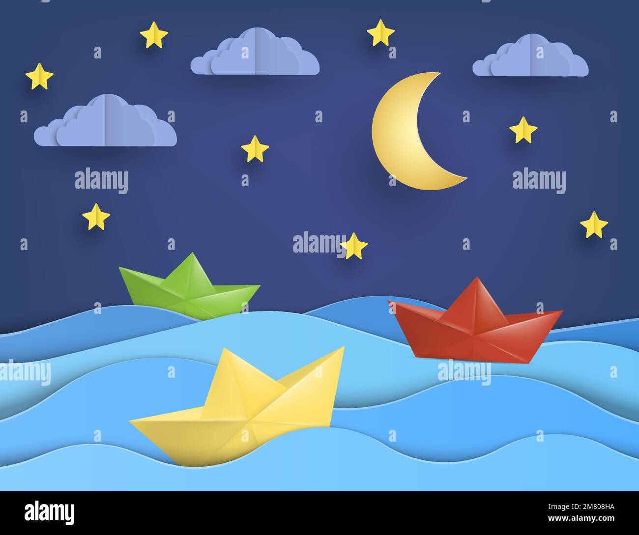 Origami boat sailing in blue ocean , paper art style. Vector ...