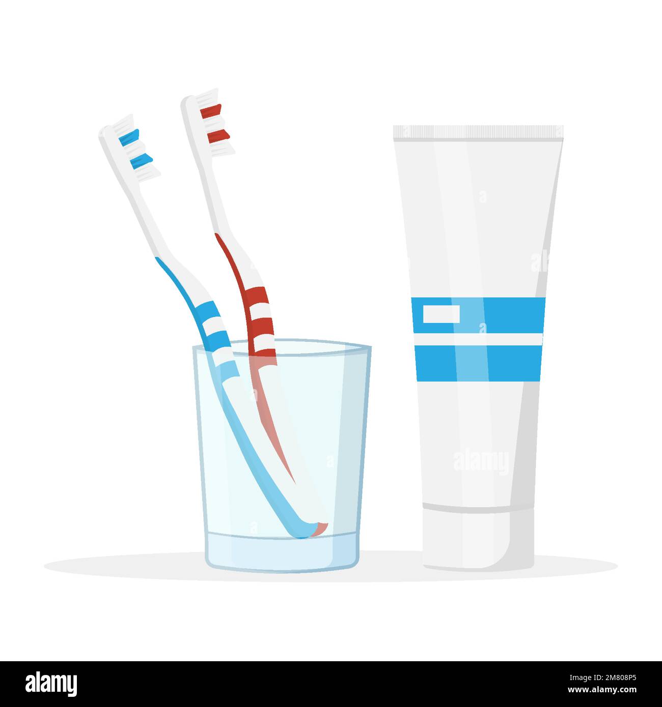 Pair of toothbrushes in a glass with tube of toothpaste isolated on ...