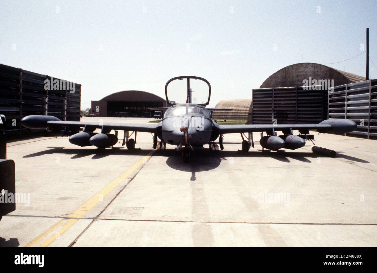 A front view of an OA-37 Dragonfly light strike aircraft in the parking ...