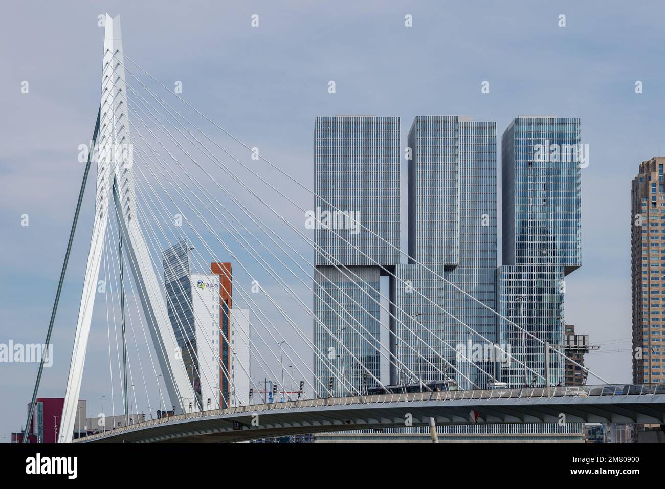 Outdoor sunny view of Erasmus Bridge, riverside of Nieuwe river and De ...