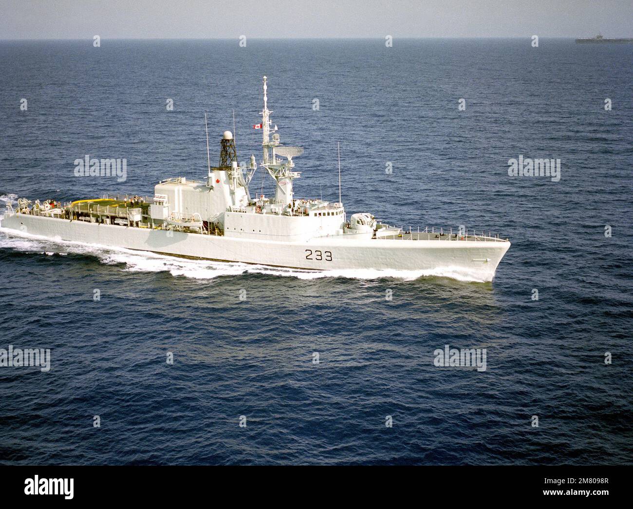 A starboard view of the Canadian St. Laurent class frigate HMCS FRASER ...