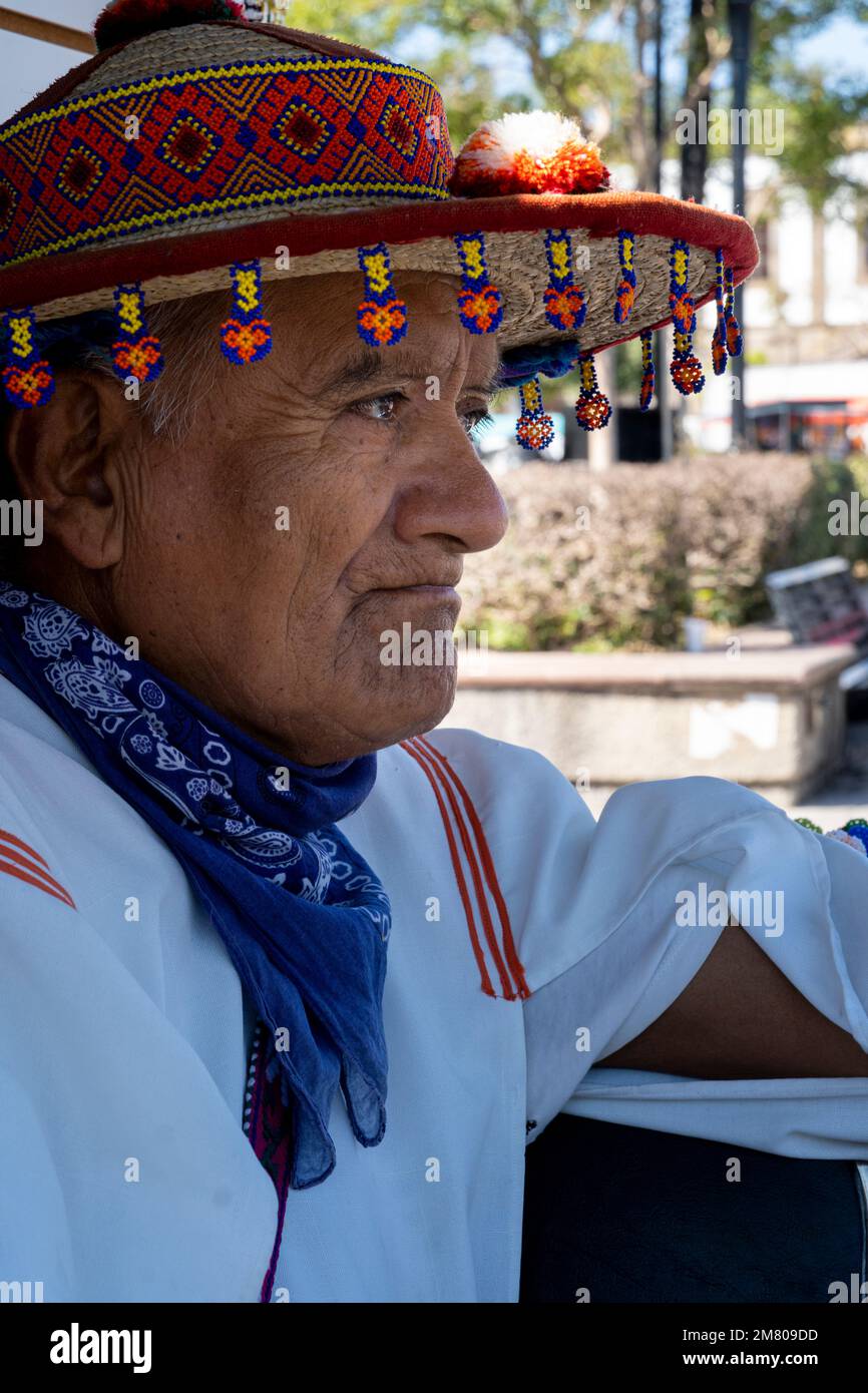 old man of the huichol wixarika culture with his traditional hat ...