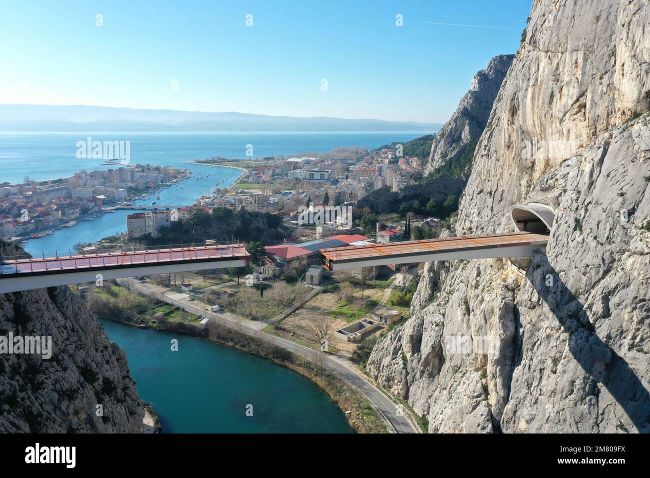 Aerial photograph of the works on the bridge above Omis. Sections of ...